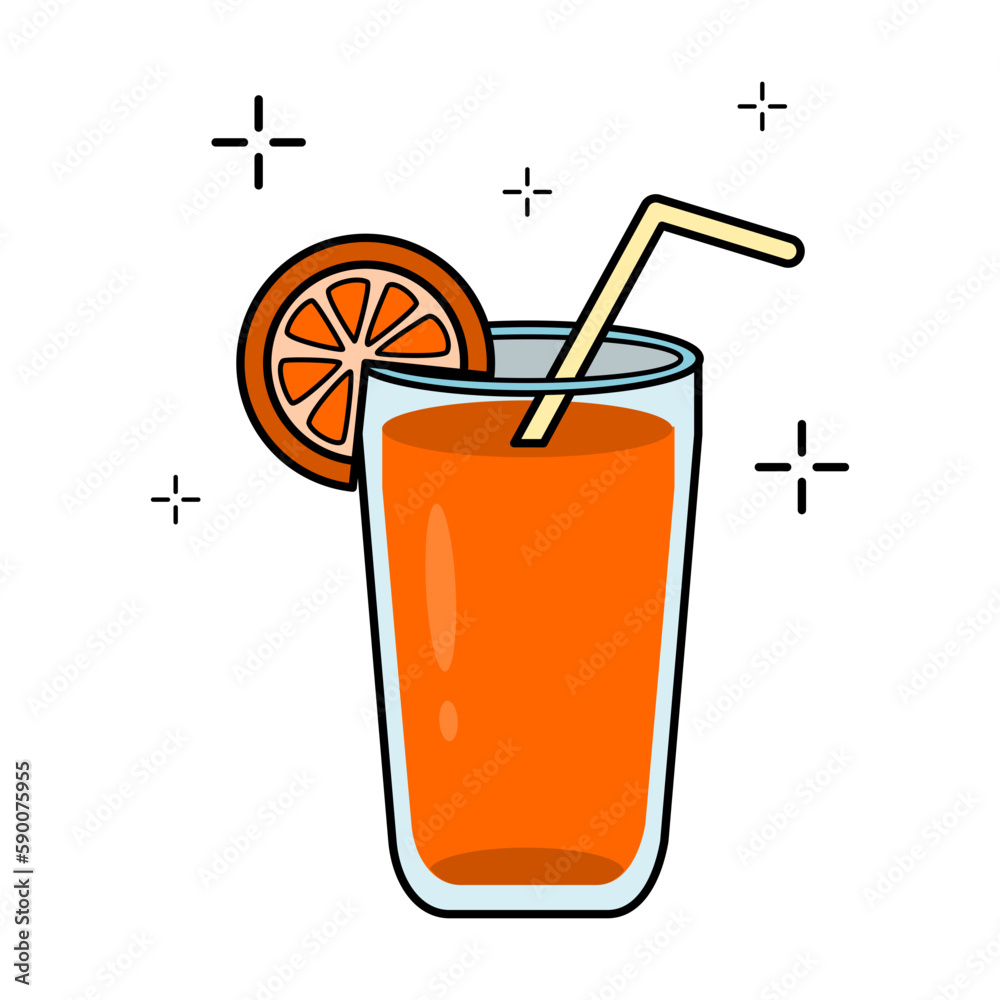 Orange fruit juice in a glass with yellow pipe icon. Fresh drink ...