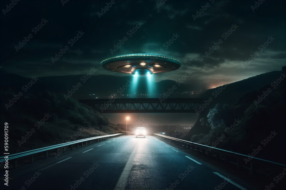 UFO floating above roadway with car at midnight. Bright light beams car ...
