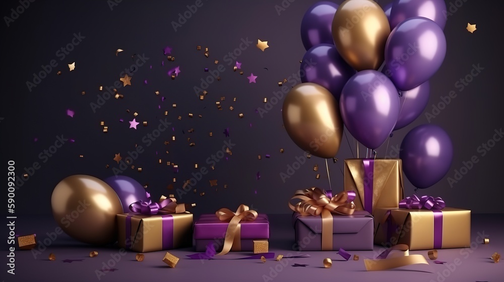 Celebration purple background with purple, gold balloons, gifts and ...