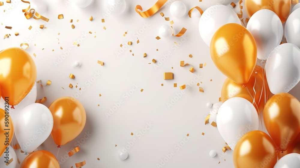 Celebration white background with orange-white, gold balloons, gifts ...