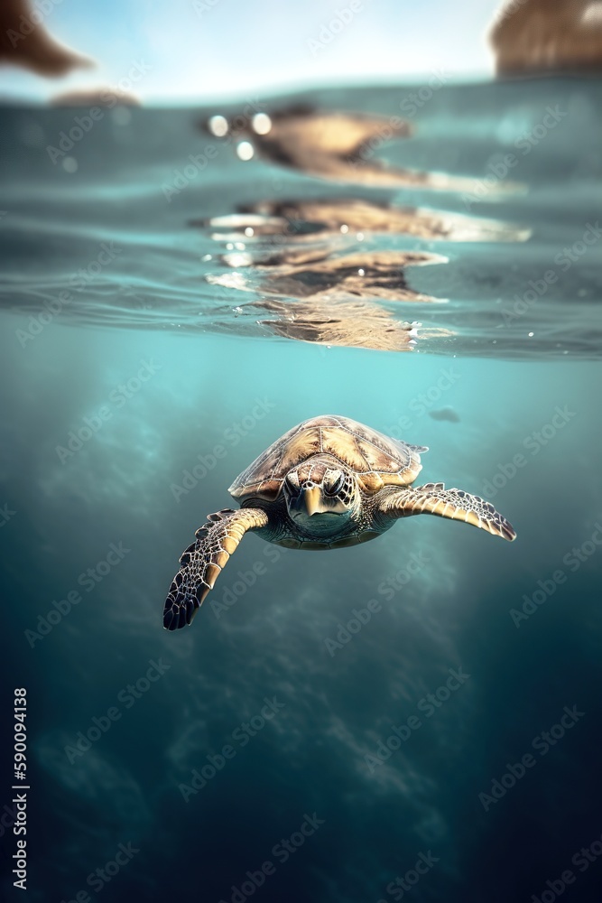 Front view of sea turtle swimming under clear water in the ocean ...