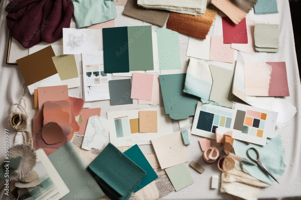 Interior design mood board with fabric and paint swatches. Generative ...