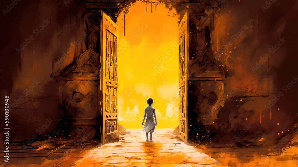 A young girl stands in front of a magical gate emitting a bright yellow ...