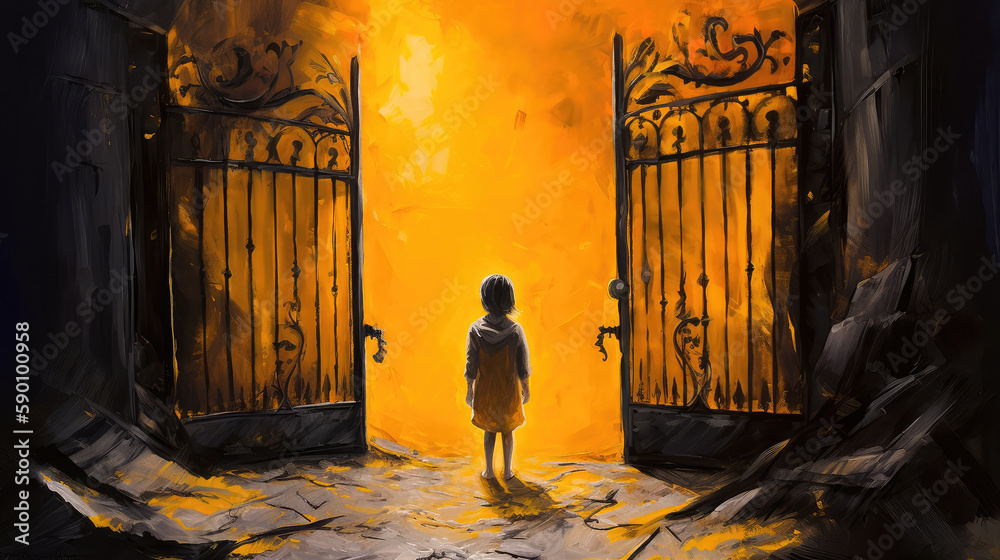 A young girl stands in front of a magical gate emitting a bright yellow ...