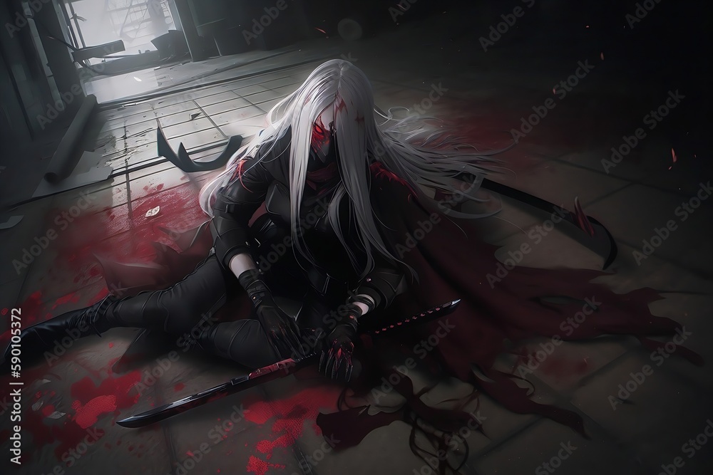 beautiful and terrifying female cyberpunk ninja posing on floor ...