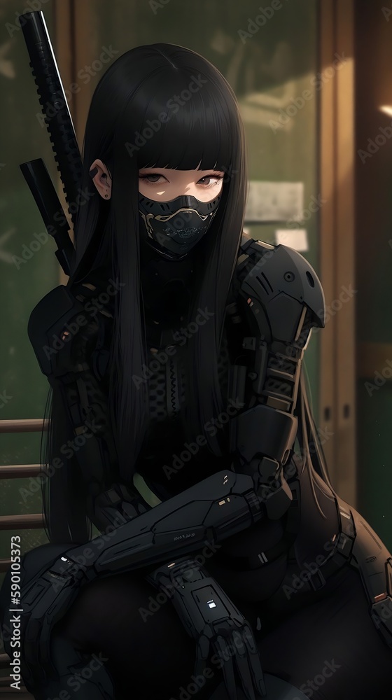 beautiful and terrifying female cyberpunk ninja posing on floor ...