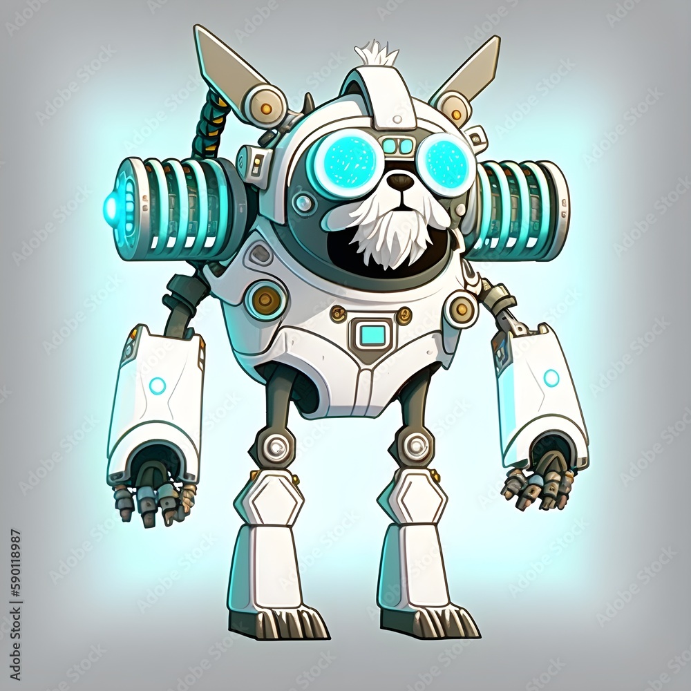 A white pug dog in an exoskeleton suit ready to take over and rule ...
