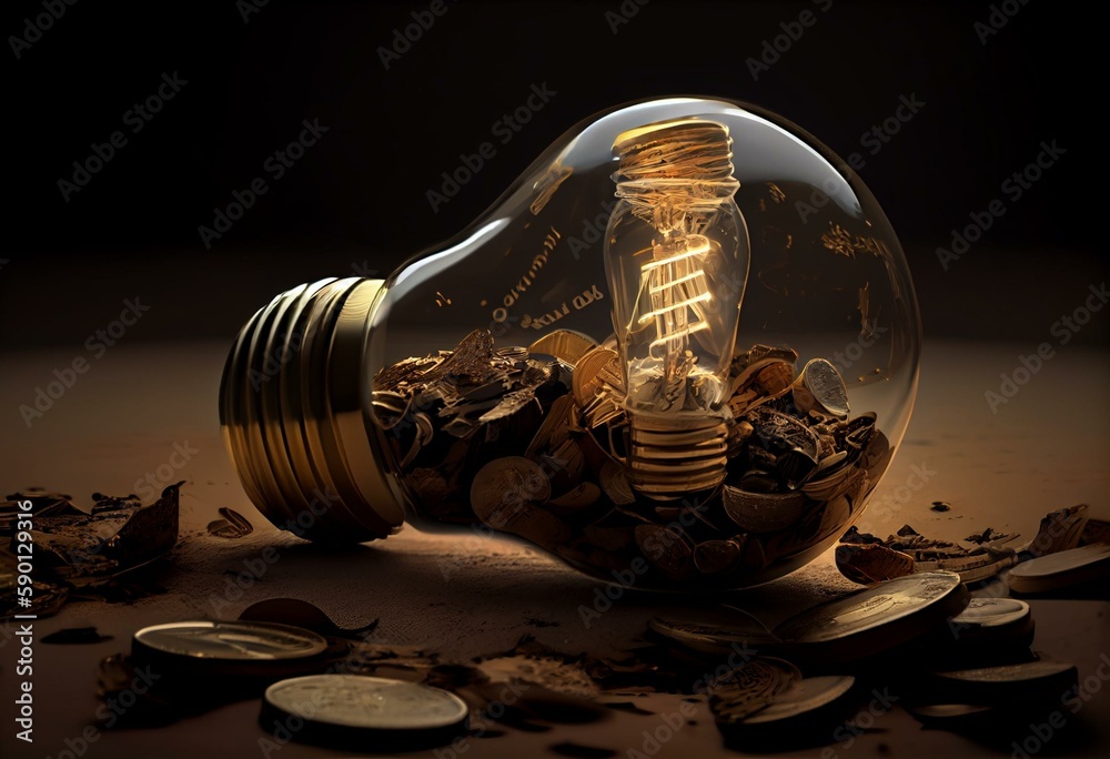 Depiction of expensive energy. A light bulb on gold coins. 3D model ...