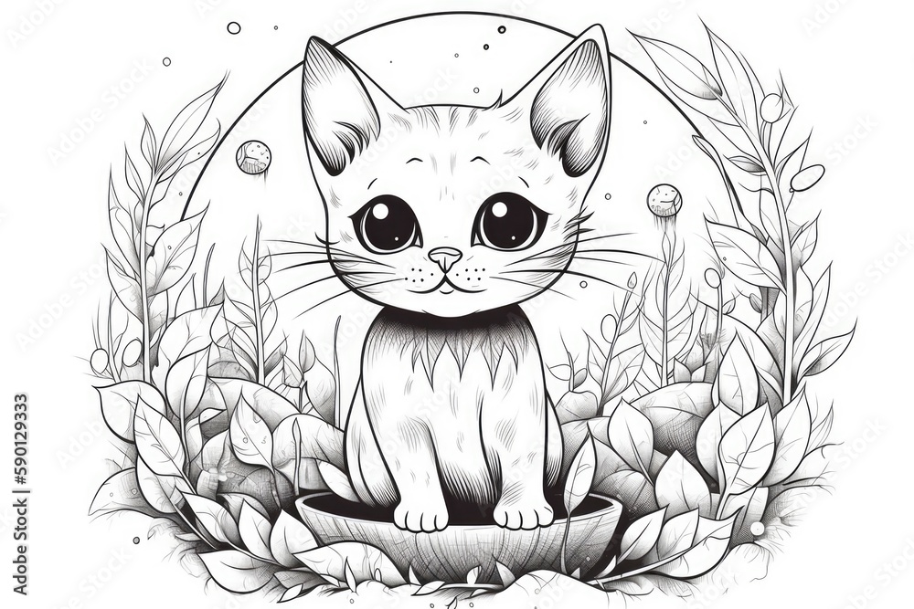 Coloring book page for kids. happy cute baby cat with Easter background ...