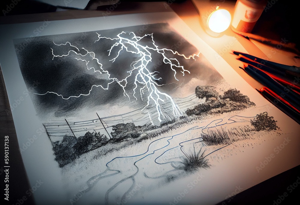 Sketch drawing of lightning strikes including cloud-to-ground and cloud ...
