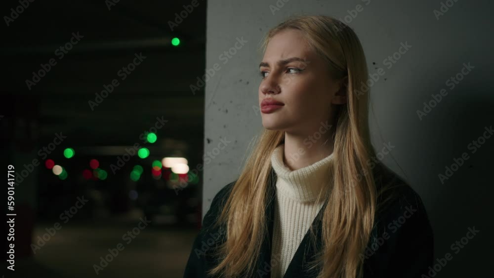 Scared Caucasian woman girl in dangerous dark parking female driver ...