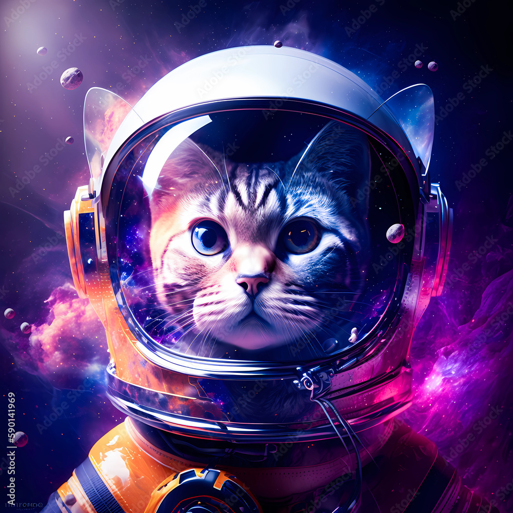 Surreal cute cat astronaut portrait in vibrant colorful outer space ...