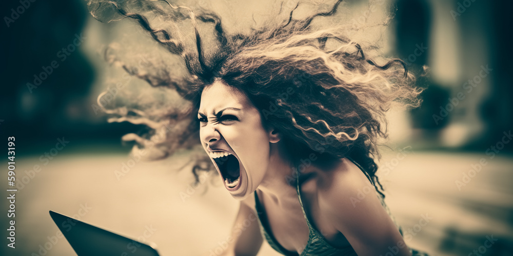 Excited screaming young woman, crazy and scared, frightened and ...