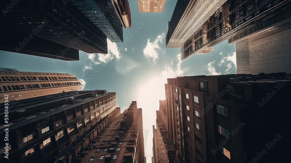 The narrow passage between modern residential buildings. Walls of high ...