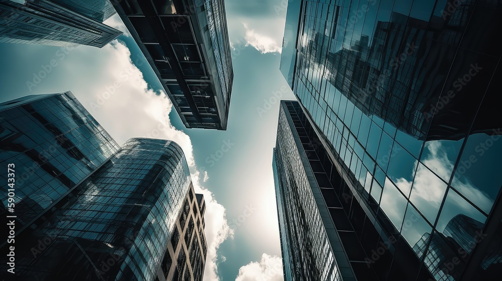 The narrow passage between modern residential buildings. Walls of high ...
