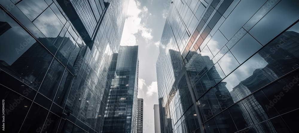 The narrow passage between modern residential buildings. Walls of high ...