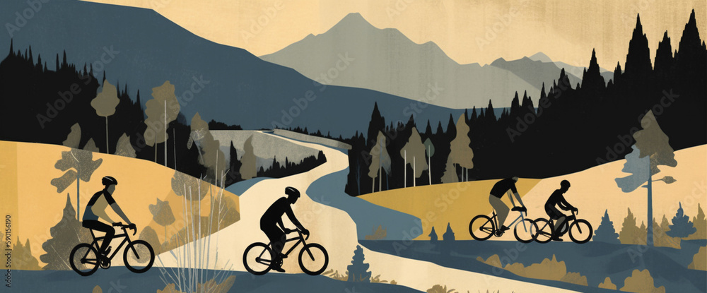 Cycling Background banner illustration. people riding bike in mountain ...