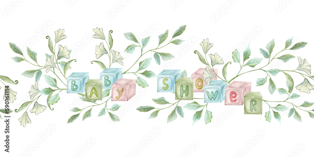 Seamless border, border, frame, hand drawn lettering cubes, baby wooden ...