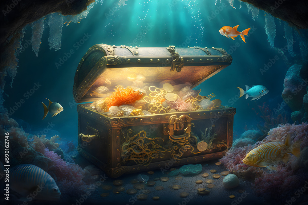 Open wooden treasure chest with valuable treasure - generative ai Stock ...