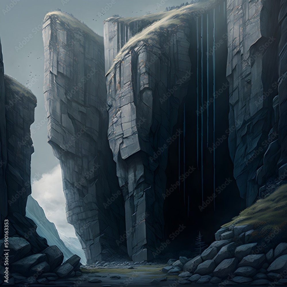 high black cliffs wall with hundreds of feet of vertical bottom view ...