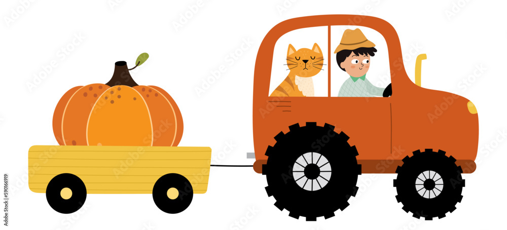 Cute boy farmer driving a tractor with a cat. Farm transport carrying a ...
