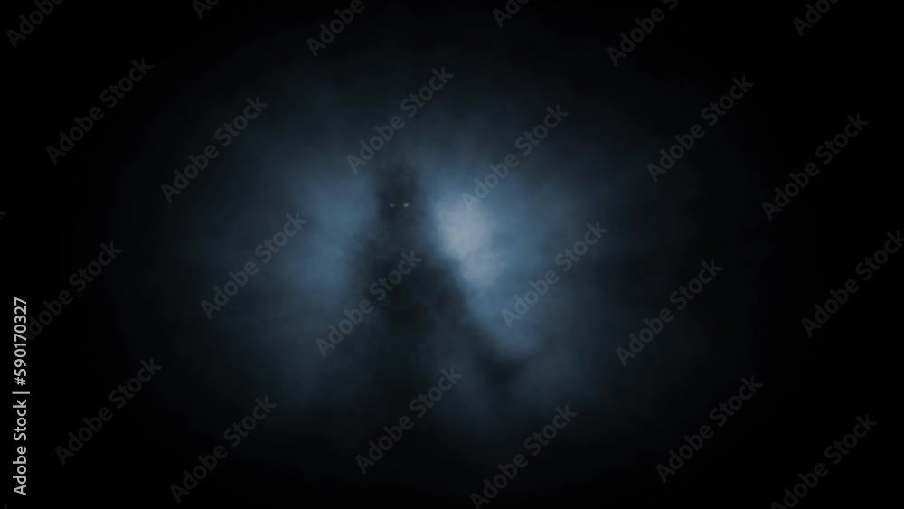 Gloomy maniac silhouette with long knife in rays of dim light. Dark ...