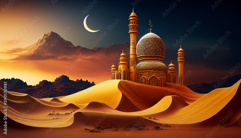 Colorful Islamic mosque in desert with space view for Ramadan ...