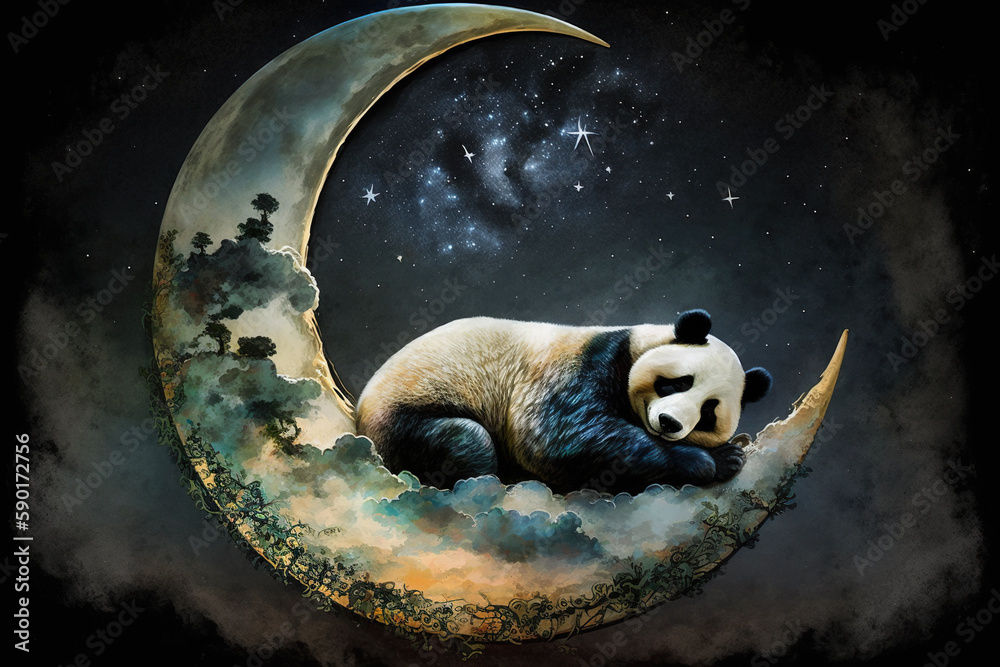 Panda bear sleeping on a Crescent moon watercolor, Generative AI Stock ...