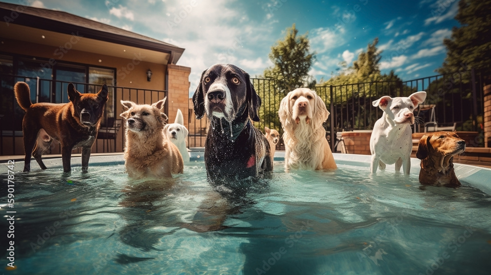 Dog Pool Party mixed breeds Generative AI Stock Illustration | Adobe Stock