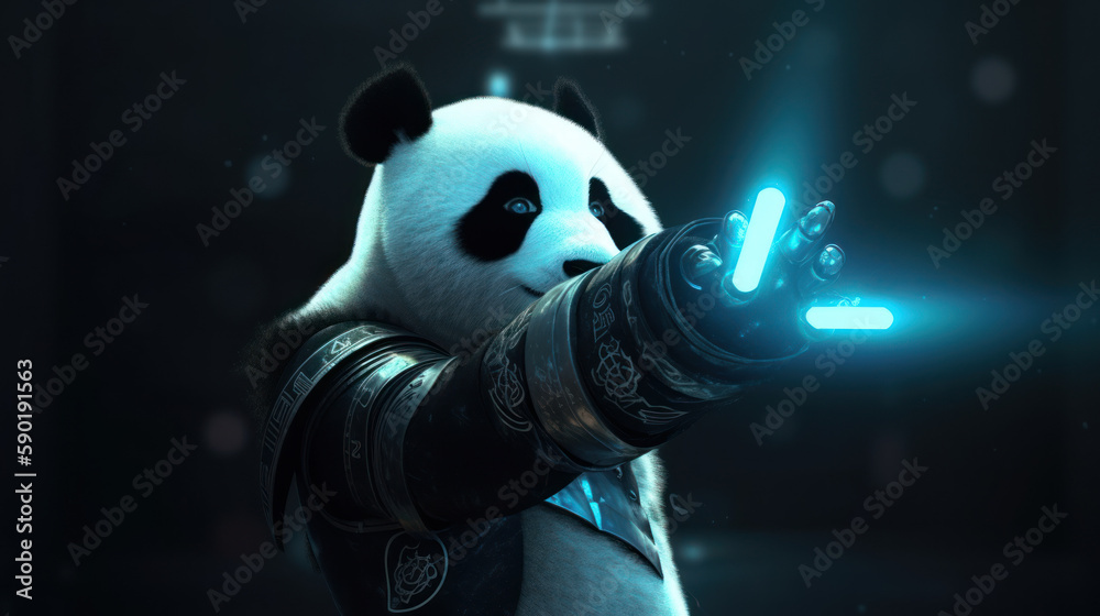Cyberpunk panda wearing metal armor in fighting pose and neon lights ...
