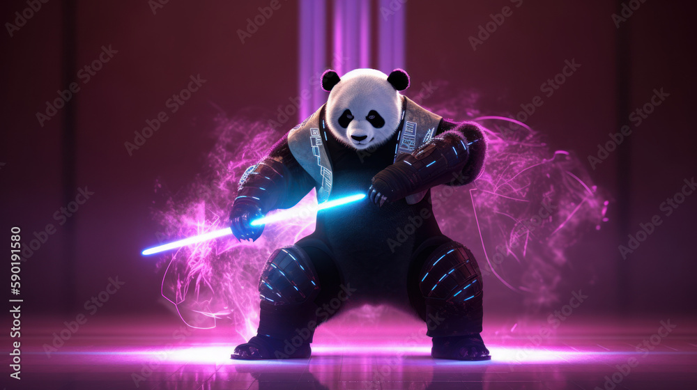 Cyberpunk panda wearing metal armor in fighting pose and neon lights ...