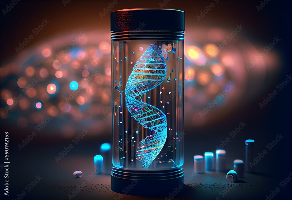 Capsule holograms, scientific backdrop with charts and DNA helix ...