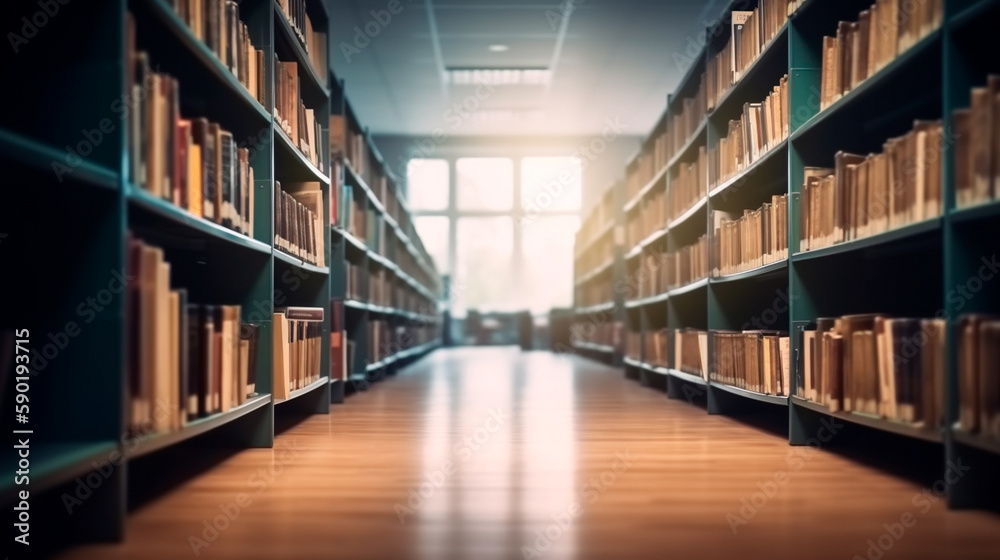 Abstract empty college library interior space. Blurry classroom with ...