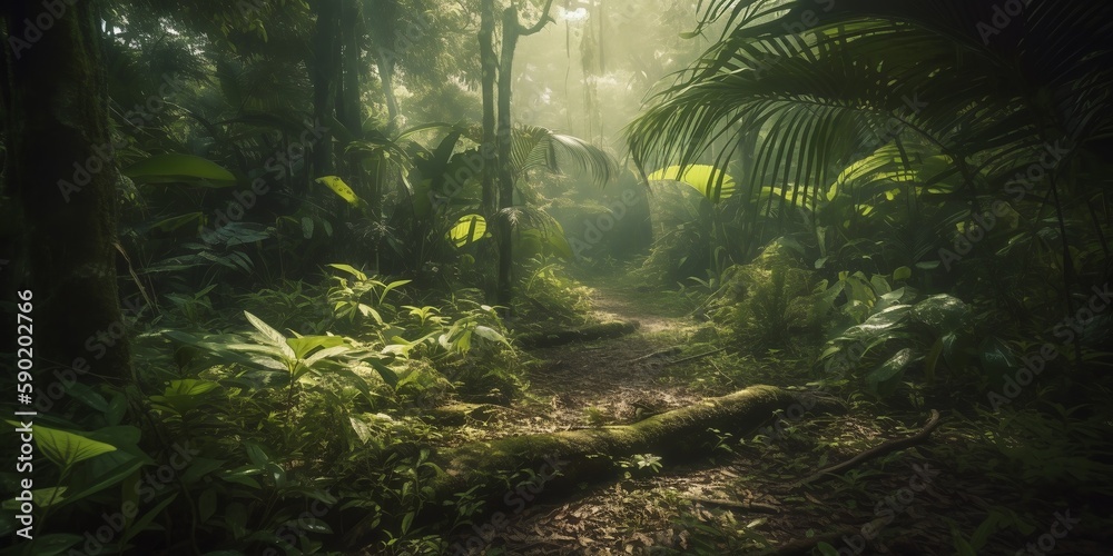 Mysterious impenetrable jungle overgrown with exotic plants. Background ...