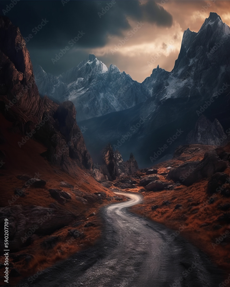 A path through a beautiful landscape, the road runs along the mountains ...
