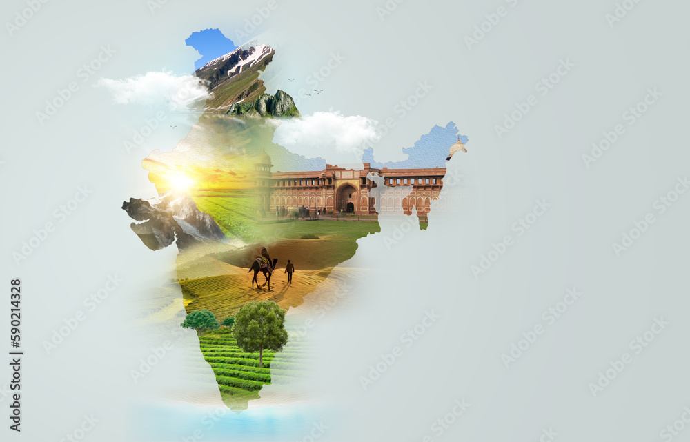 India Map. India Monuments. Environment. 3d illustration with isolated ...