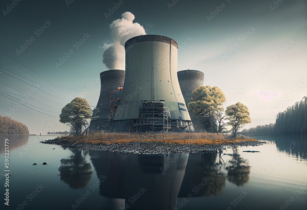 Nuclear reactor on reservoir shore at power plant. Generative AI Stock ...