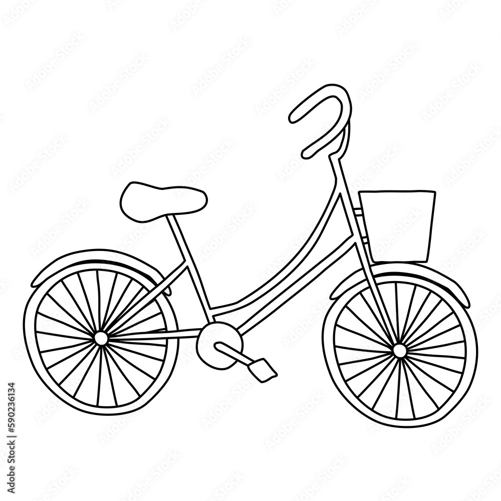 Cartoon bicycle with a low frame and basket in front, doodle style ...