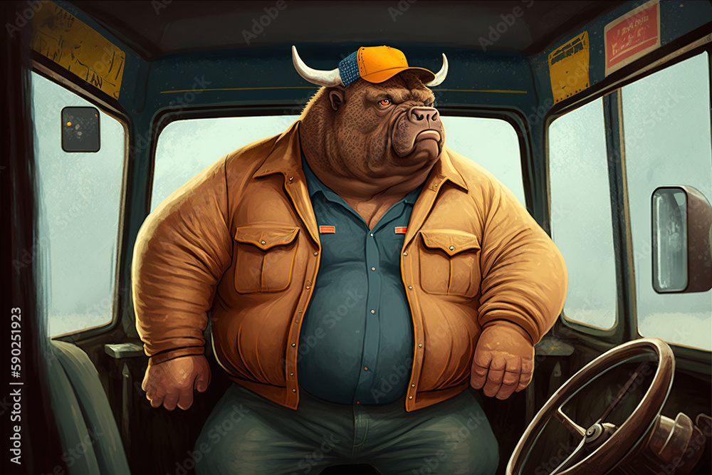 Fat buffalo in clothes a trucker driver sits in the car, created with Generative AI technology ...