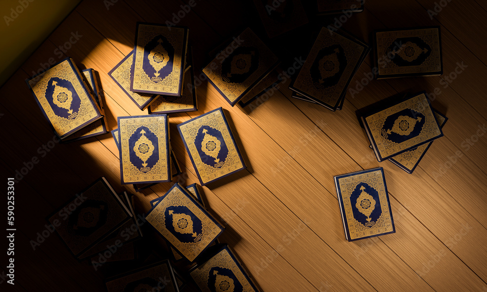 3D, Many Qurans on the wooden table, Islamic concept - The Holy Al ...