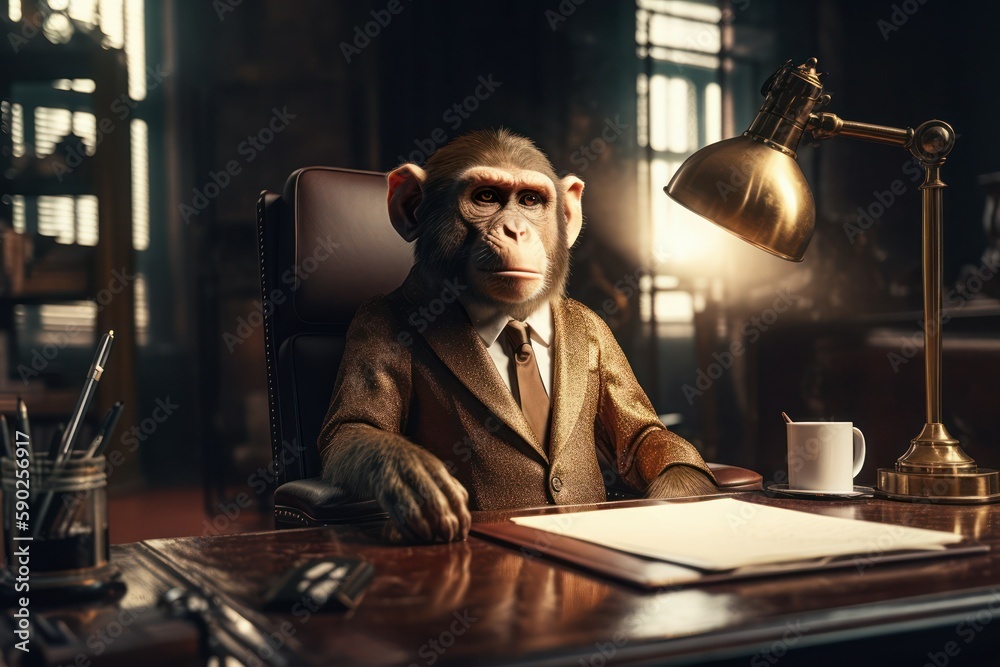 Monkey wearing suit in office. Businessman monkey sitting at office. AI ...
