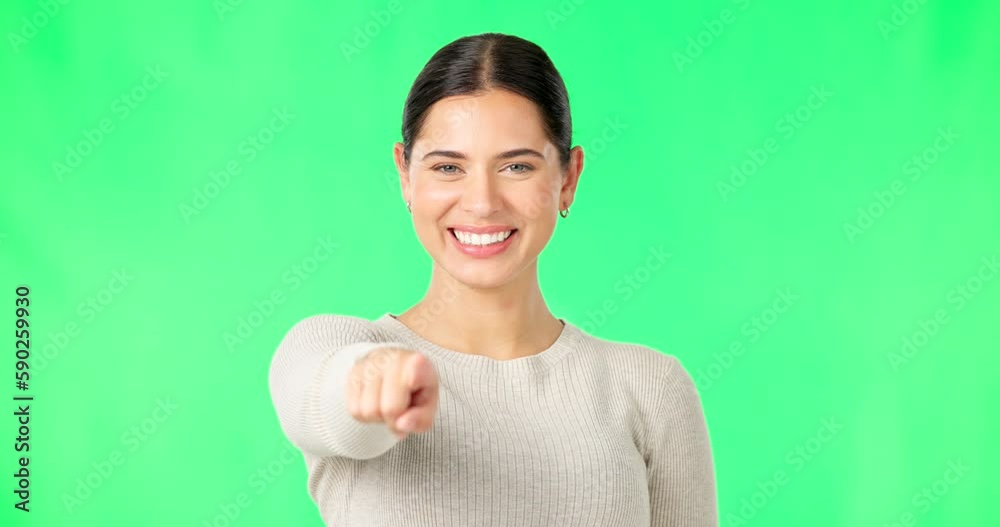 Face, pointing to you and woman with green screen, inspiration and ...