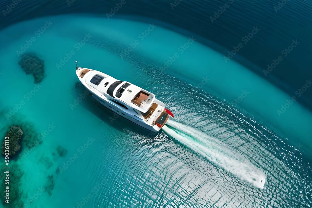 Aerial drone ultra-wide panoramic photo of luxury yacht with wooden ...