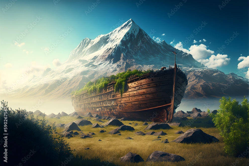 Noahs ark wooden ship on Mount Ararat with greenery around it ...