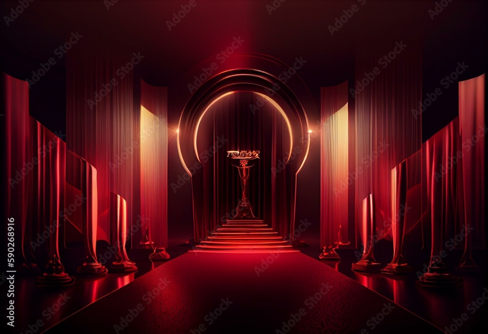 Luxurious red stage award background with golden curtains, trophy on ...