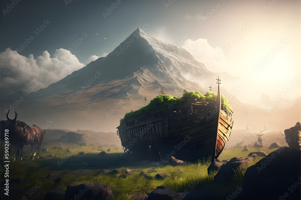 Noahs ark wooden ship on Mount Ararat with greenery and small goats ...