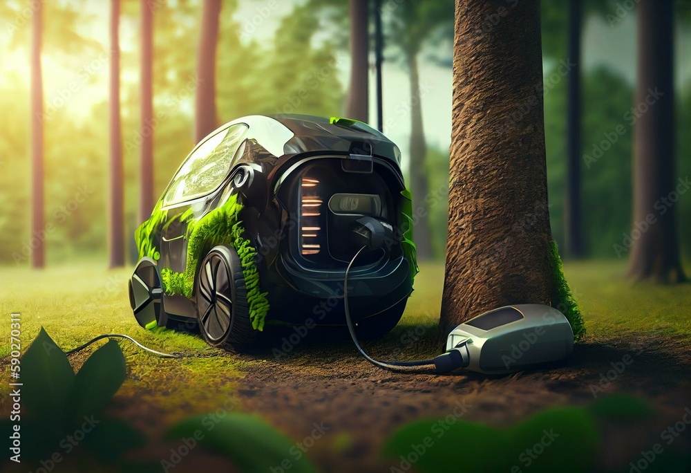 Charging electric car with green energy in nature backdrop. Battery ...