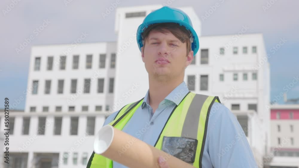 Architect, construction worker with blueprint and man, face and ...