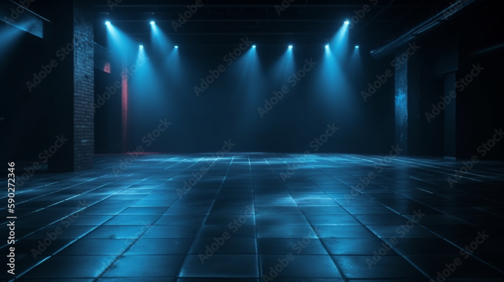 Dark empty stage, street, night smog and smoke, neon light. Dark ...