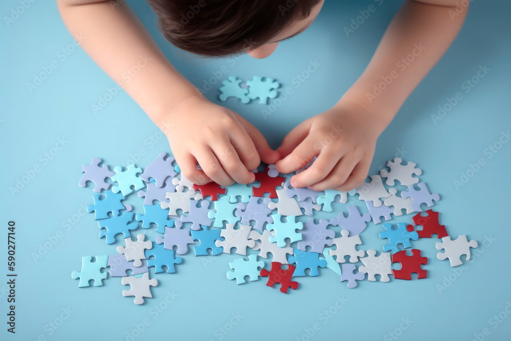 Top view hands of an autistic child arranging a soft blue puzzle ...